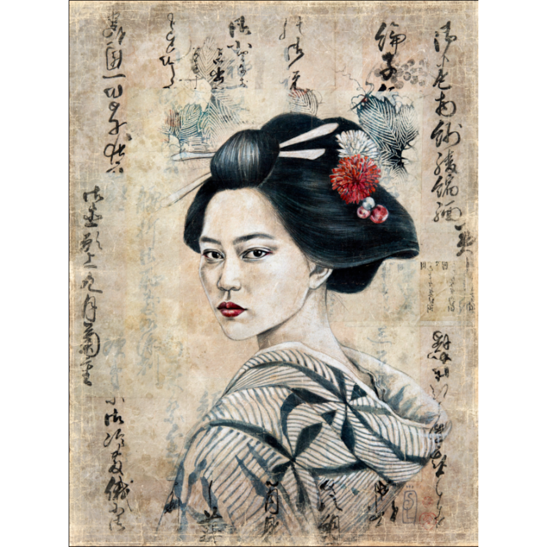 Panneau papier froissé SAYURI AU KIMONO